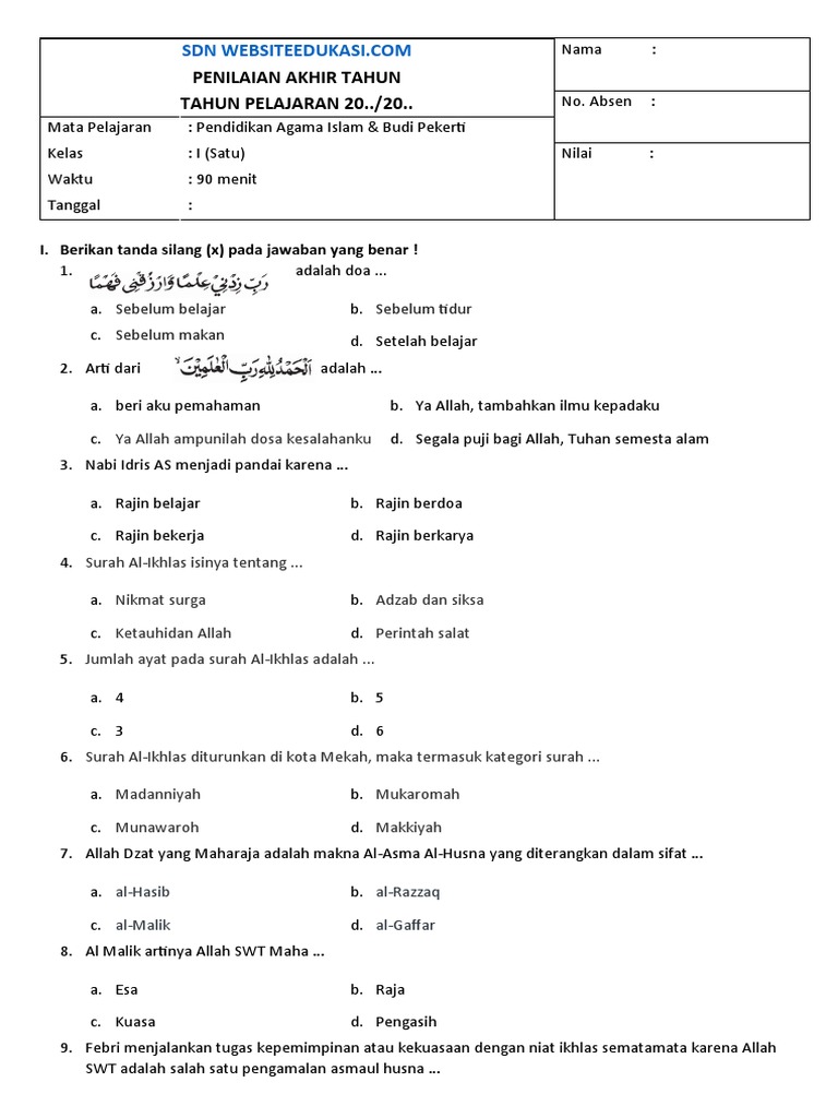 Soal PAT PAI Kelas 1 K13 | PDF