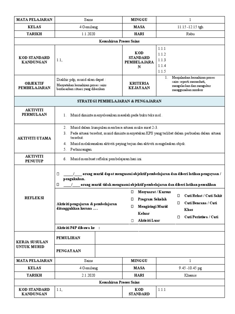 RPH SN Tahun 4 Kemahiran Proses Sains Mggu 1 (1-2.1.2020) | PDF