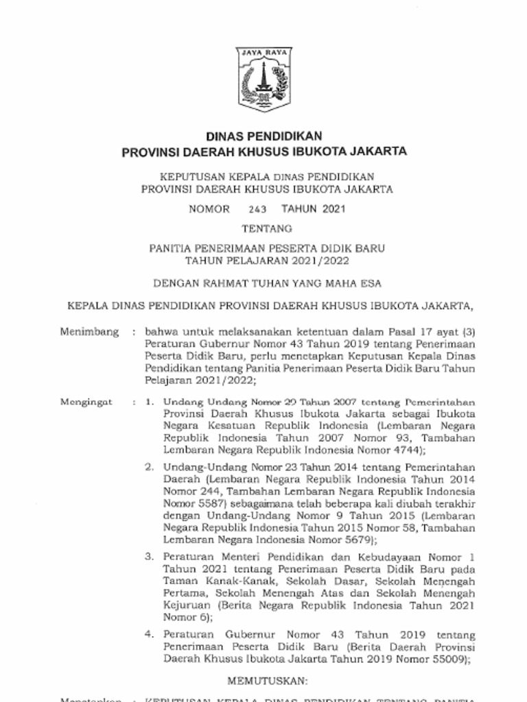 SK Kadisdik No. 243 Tahun 2021 - Panitia PPDB Tahun 2021 | PDF