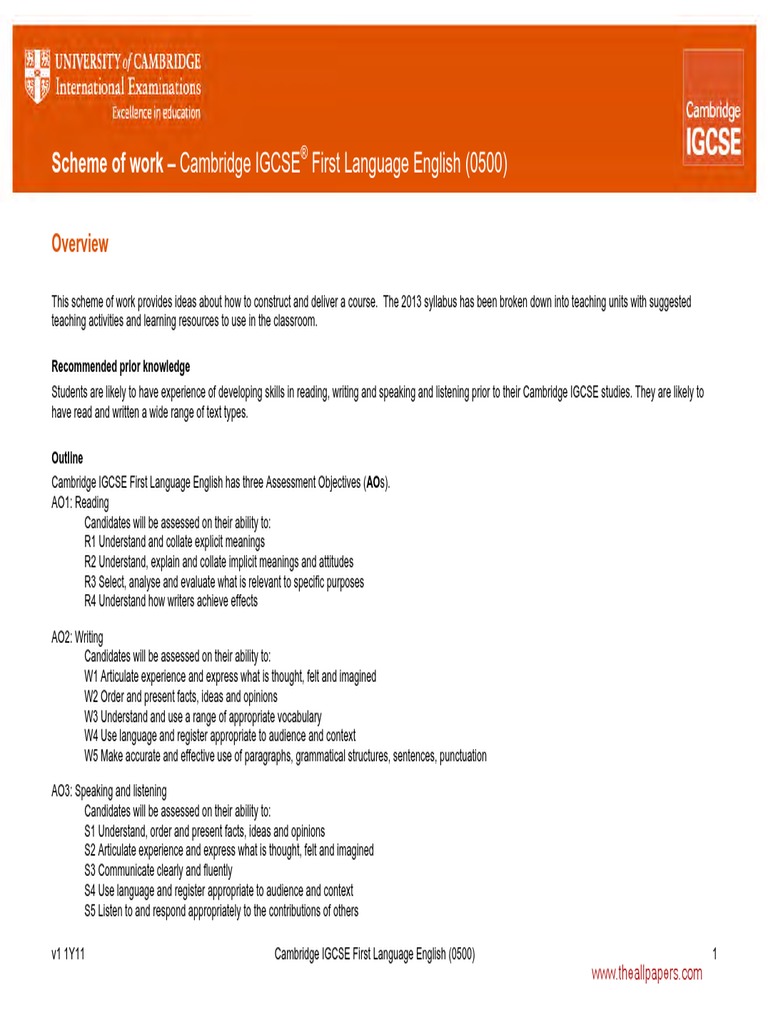 Scheme of Work - Cambridge IGCSE First Language English (0500) | PDF ...