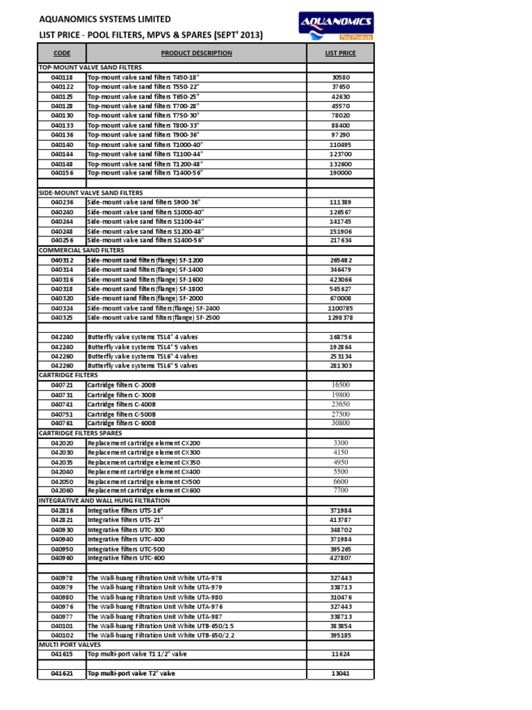 Swimming Pool Price List 2013-2014 (Sep) | PDF | Pump | Mechanical ...
