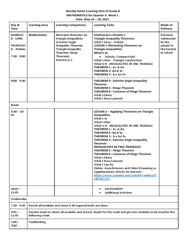 Grade 8 Mathematics Weekly Plan | PDF | Triangle | Pedagogy