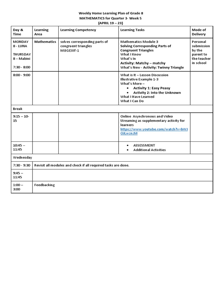 Weekly Home Learning Plan of Grade 8 Quarter 3 Week 5 and 6 | PDF | Learning | Behavior Modification