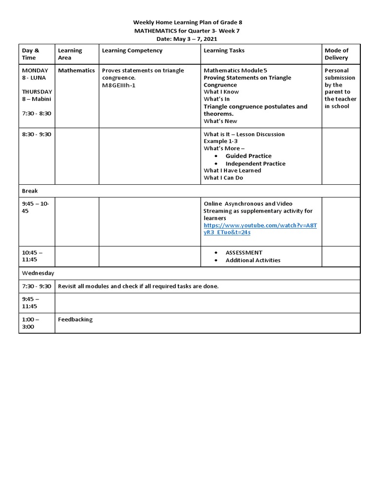 Grade 8 Math Weekly Learning Plan | PDF | Triangle | Perpendicular