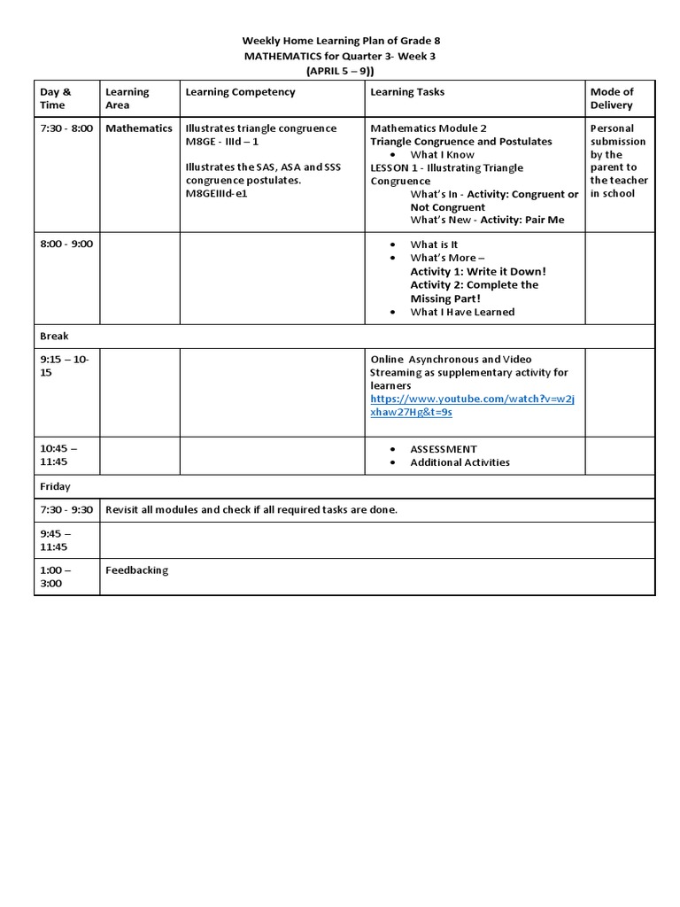 Weekly Home Learning Plan of Grade 8 Quarter 3 Week 3 and 4 | PDF ...
