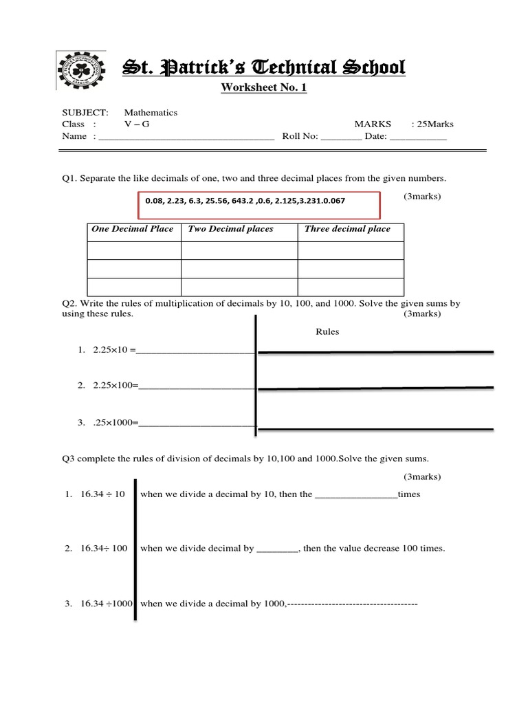 Class 5 Mathematics Worksheet 2021 | PDF | Decimal | Encodings