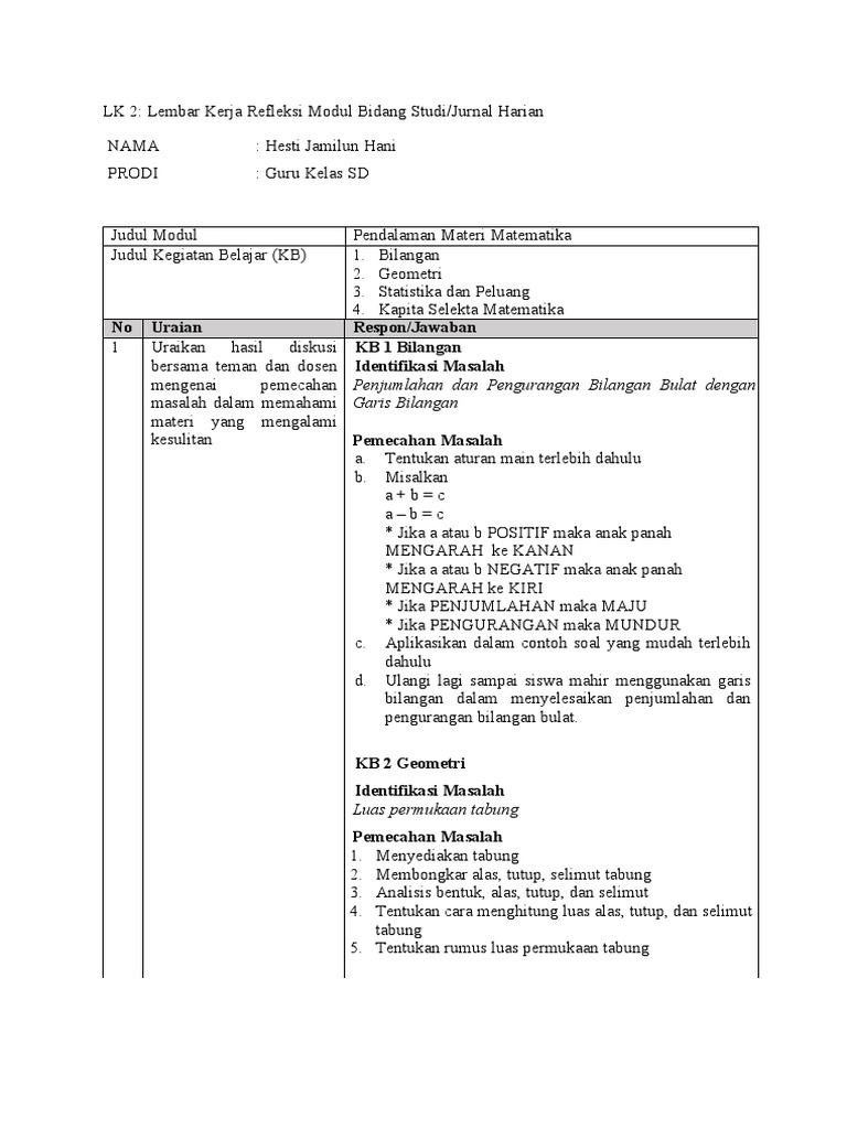 LK 2 - Lembar Kerja Refleksi Modul Bidang Studi Jurnal Harian Hesti Jamilun Hani | PDF