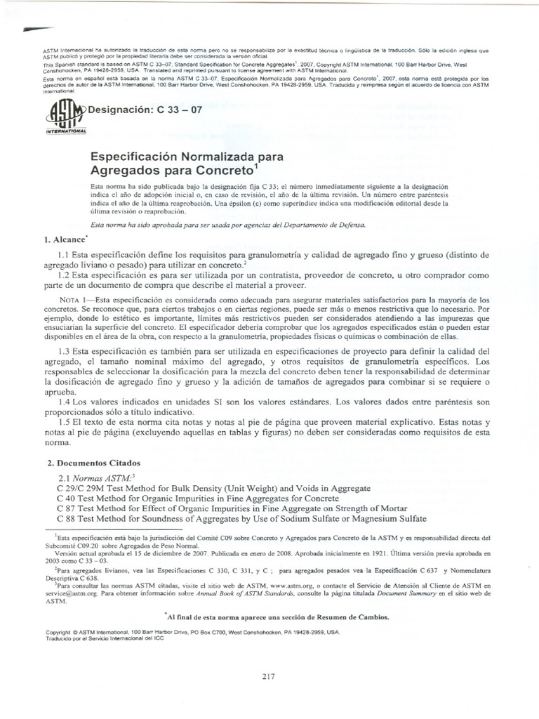 Astm C 33-07 Especificacion Normalizada para Agregados para Concreto | PDF