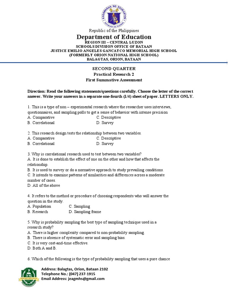 JEAGMHS-SHS-PR2-SummativeExam1-2ND QUARTER | PDF | Sampling (Statistics) | Survey Methodology