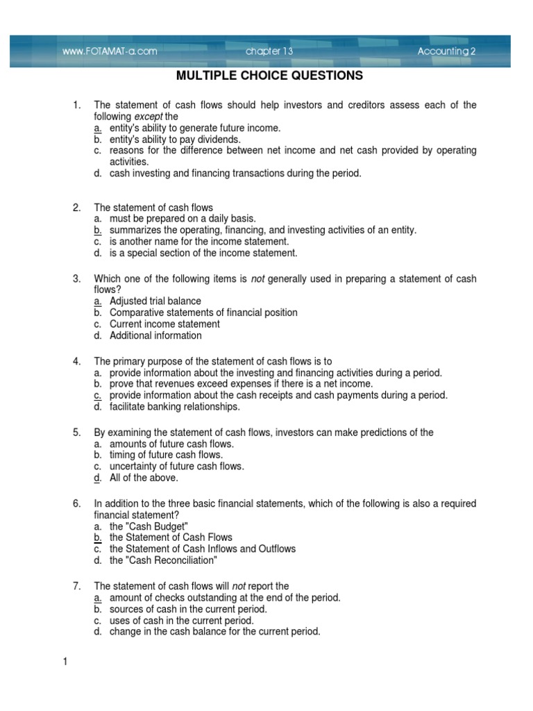 Multiple Choice Questions: Accounting 2 | PDF | Cash Flow Statement ...