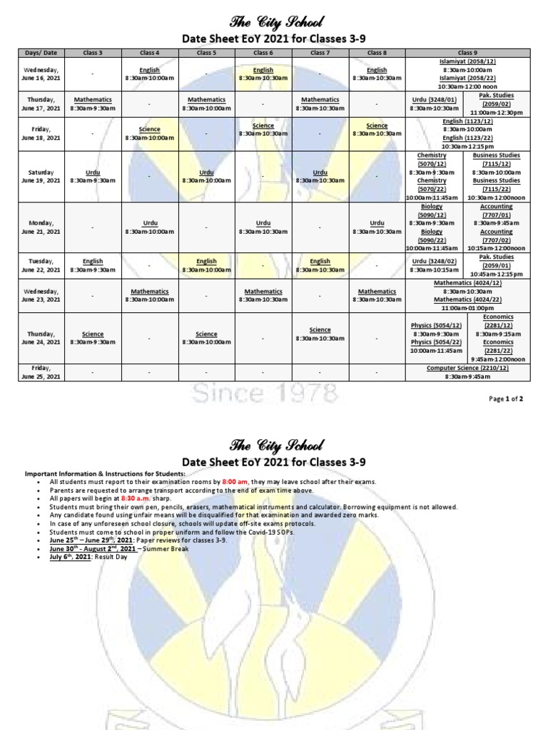 EoY 2021 (Class 3-9) Date Sheet | PDF | Science | Science And Technology