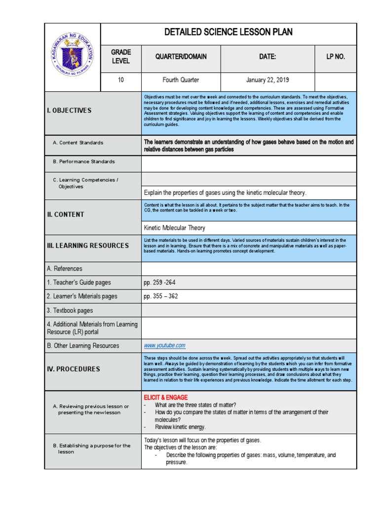 Detailed Science Lesson Plan: I. Objectives | PDF | Gases | Educational ...