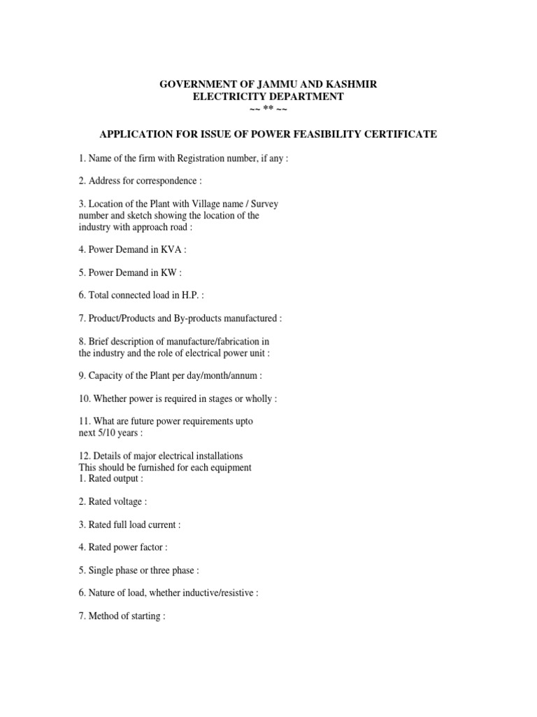 Application For Issue of Power Feasibility Certificate | PDF