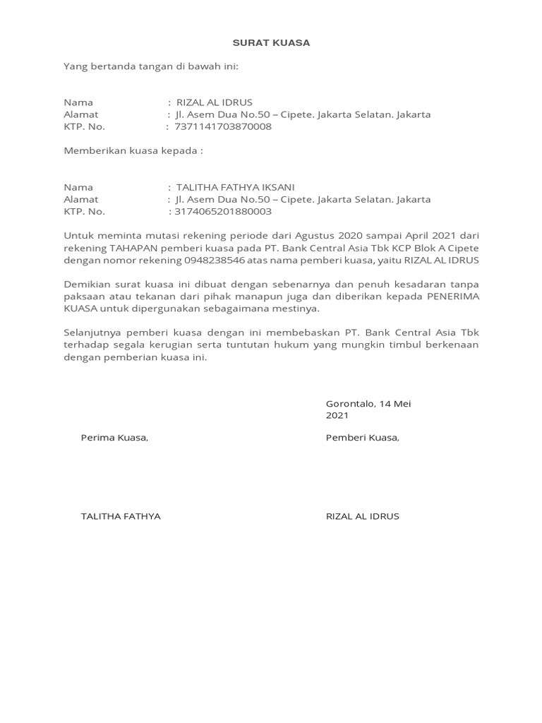 Surat Kuasa Mutasi Bca | PDF