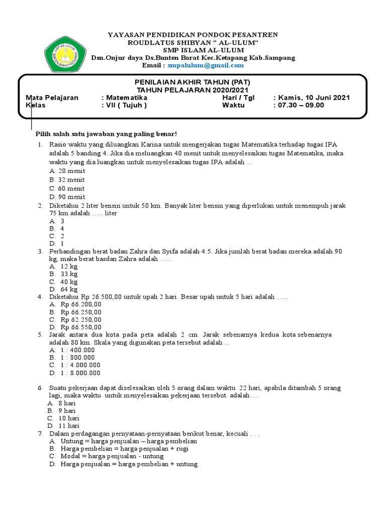 Ujian Akhir Semester Matematika Kelas VII SMP Islam Al-Ulum | PDF