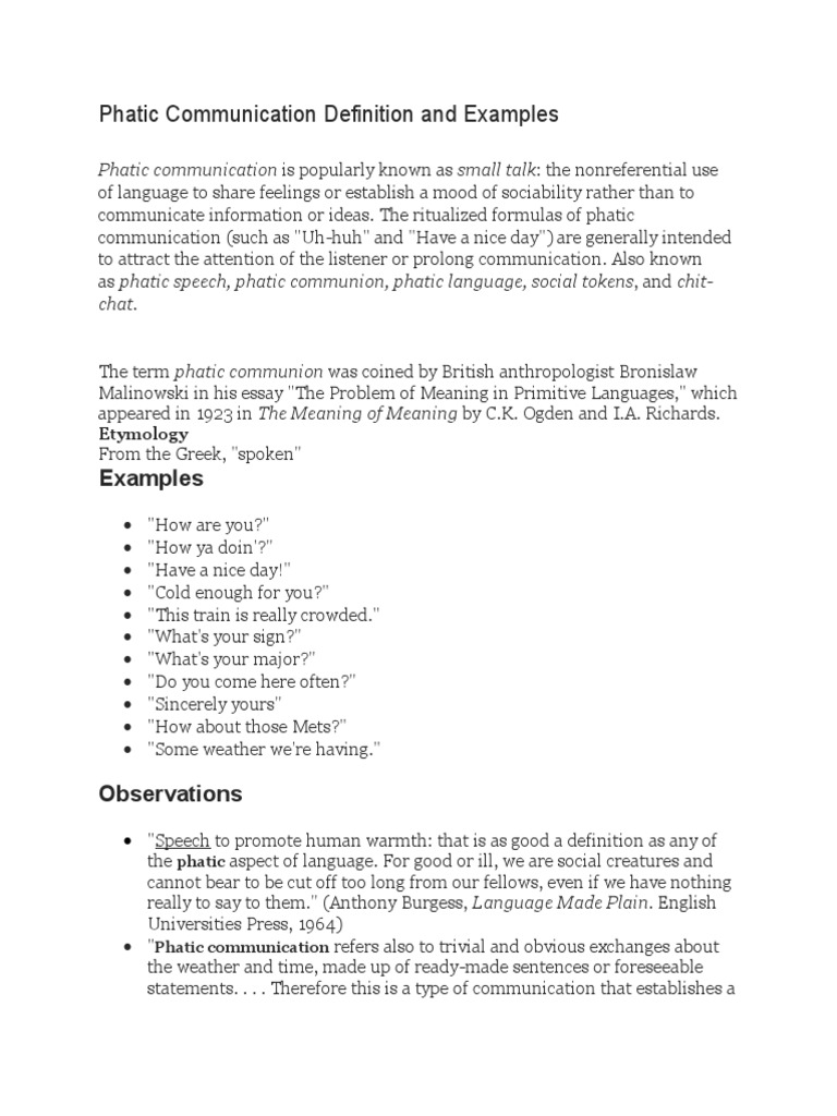 Phatic Communication Definition and Examples | PDF | Communication ...
