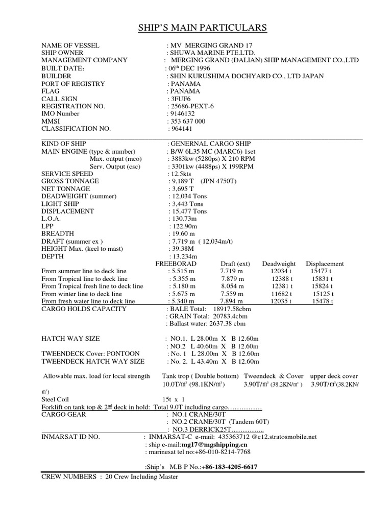 Ship Particulars of MV Merging Grand 17 | PDF | Tonnage | Water Transport