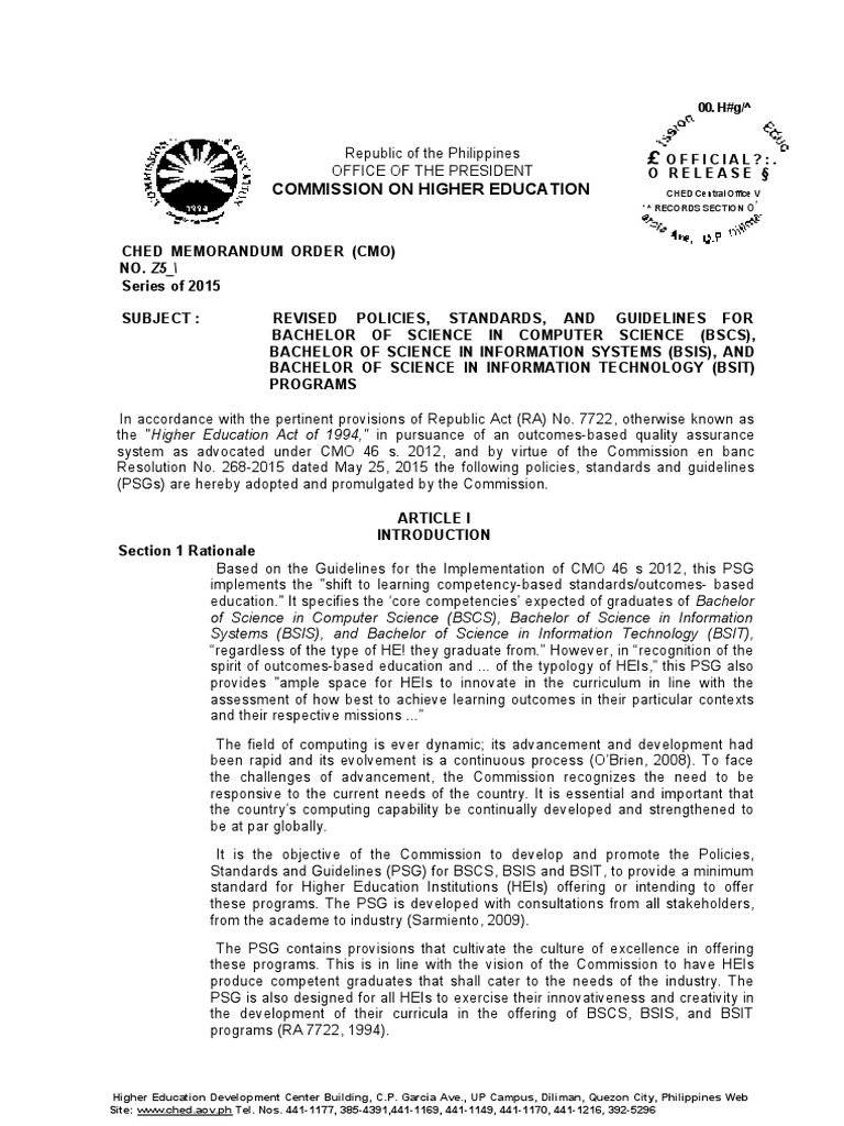 15 CMO 25 s2015 Revised PSGs For BSCS BSIS and BSIT Programs | PDF ...