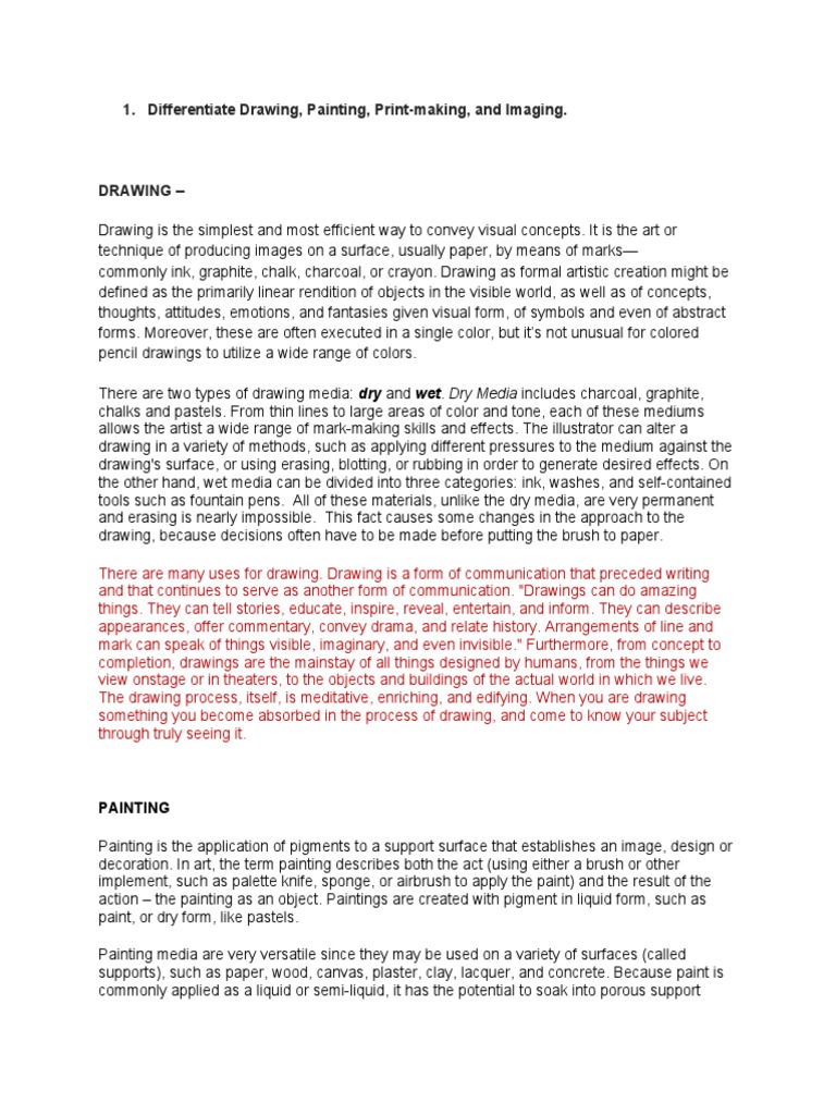 Differentiate Drawing, Painting, Print-Making, and Imaging | PDF ...