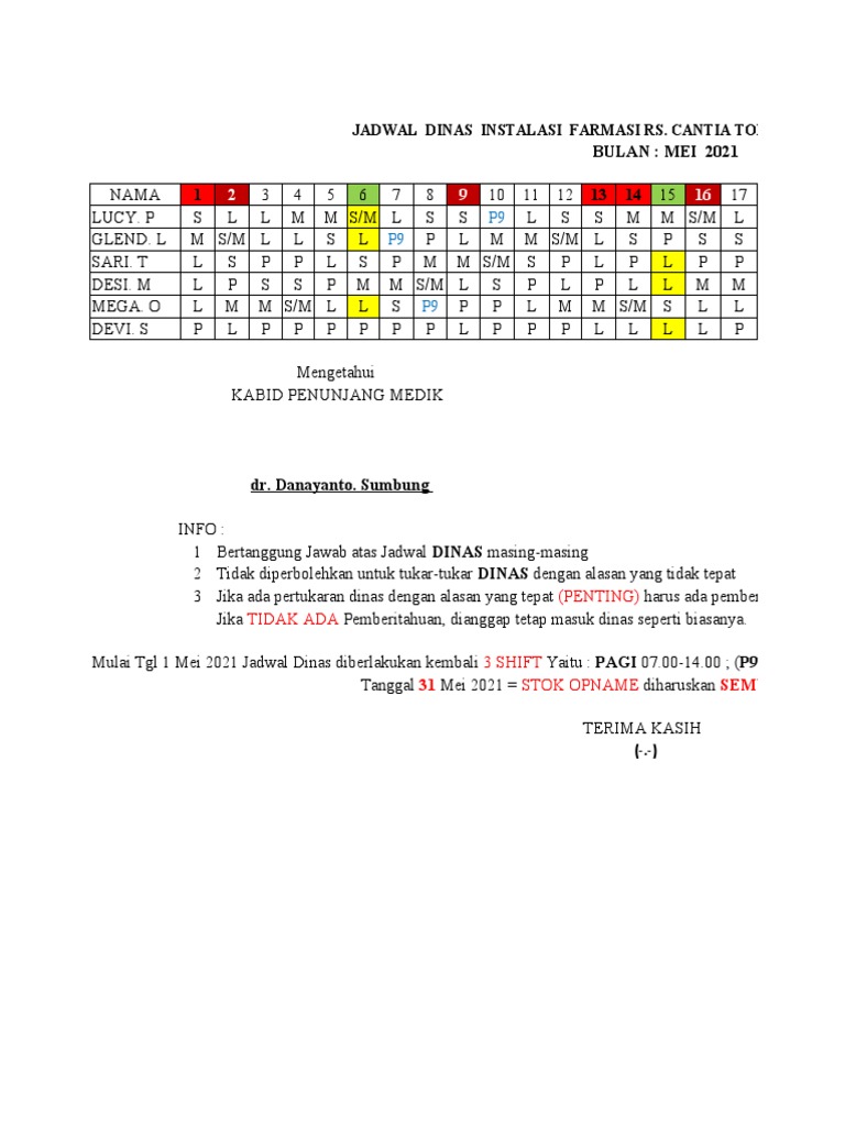 Jadwal Dinas Farmasi | PDF