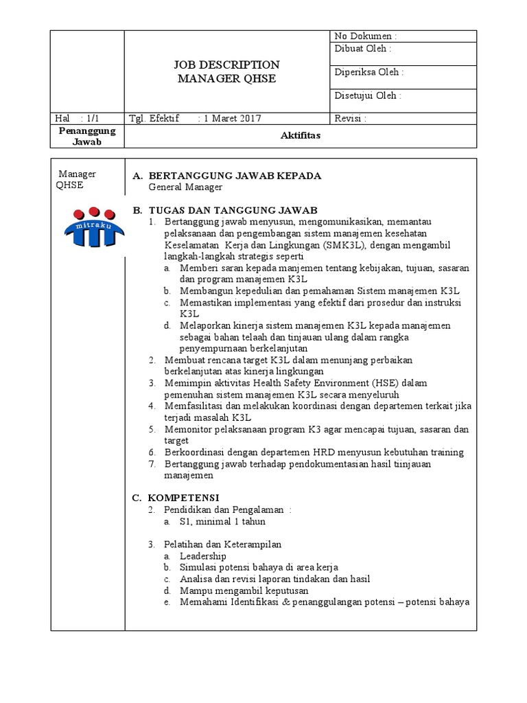 Deskripsi Pekerjaan Manajer QHSE | PDF