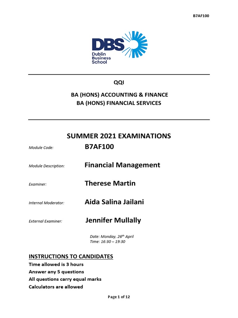 Financial Management Examination: Analyzing an Investment Project and ...