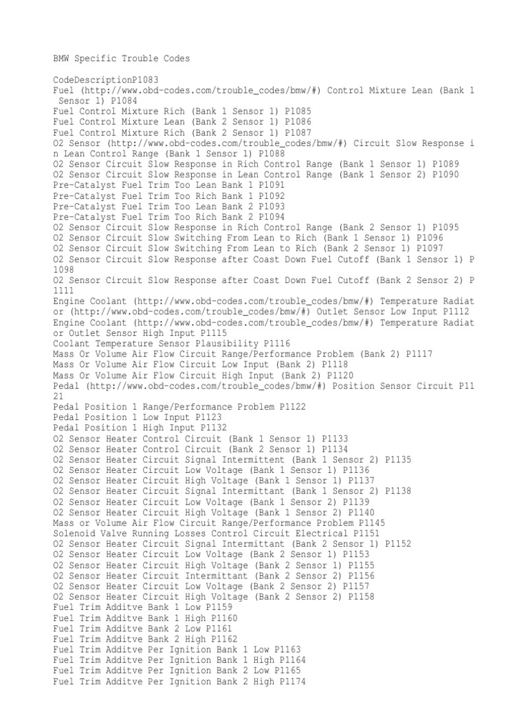 BMW Fault Codes | PDF | Systems Engineering | Propulsion