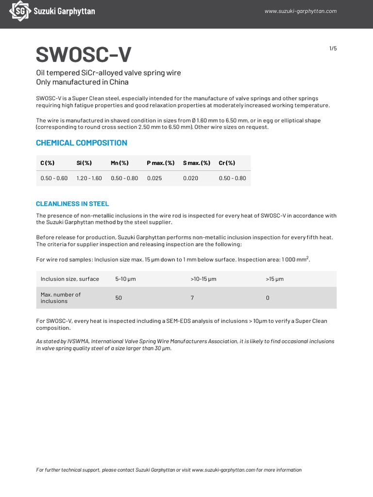 Swosc-V Swosc-V: Oil Tempered Sicr-Alloyed Valve Spring Wire Only ...