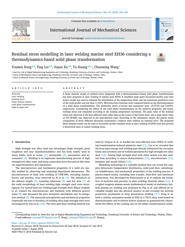 International Journal of Mechanical Sciences: Youmin Rong, Ting Lei ...