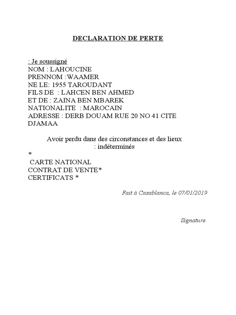 Modèle de Déclaration de Perte Maroc | PDF