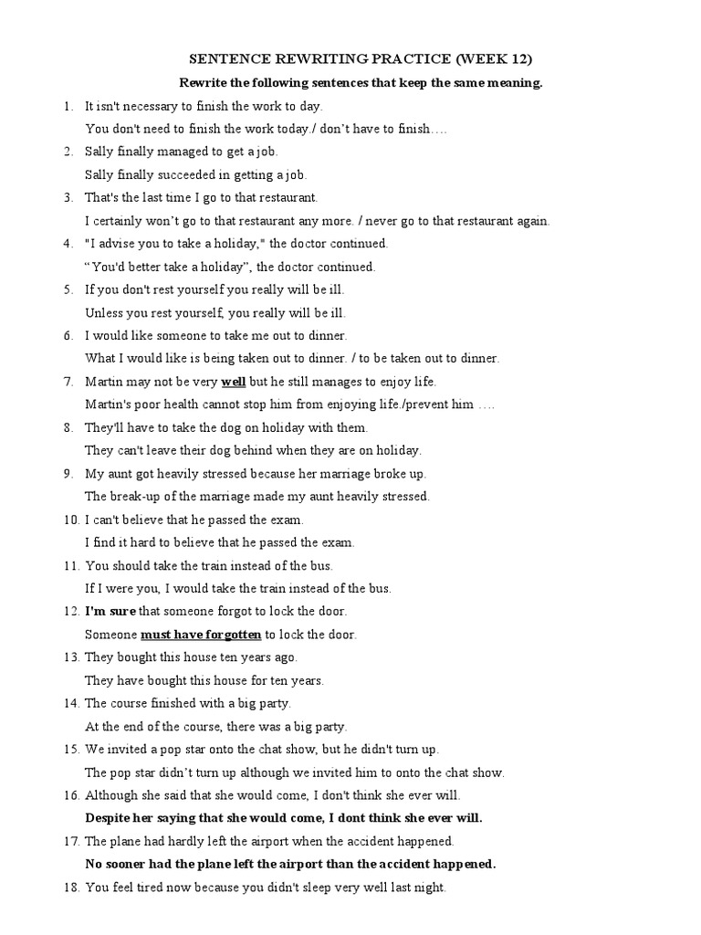 Sentence Rewriting Practice Exercises | PDF