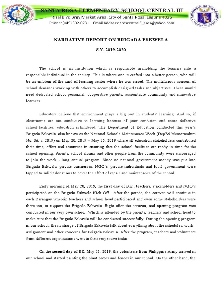 Narrative Report On Brigada Eskwela | PDF | Teachers | Further Education