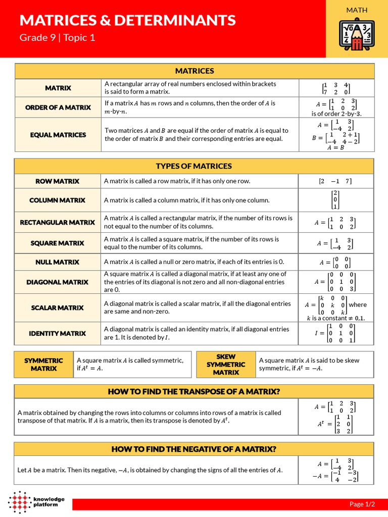 Matrices & Determinants: Grade 9 - Topic 1 | PDF | Matrix (Mathematics) | Determinant