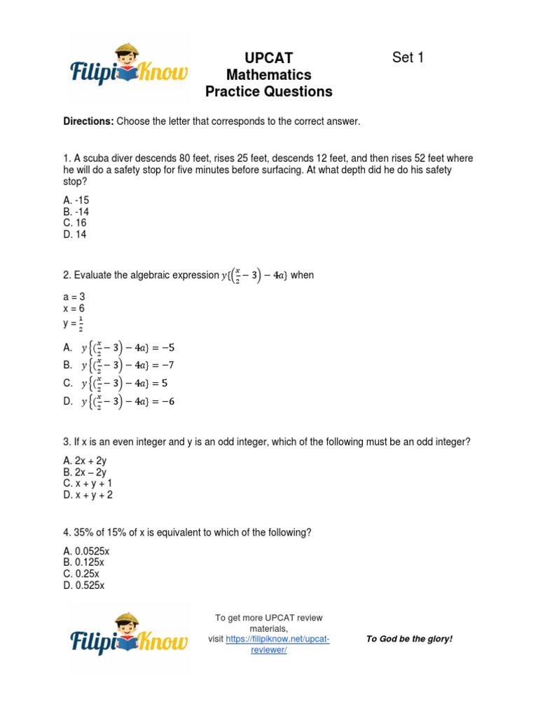 UPCAT Mathematics Practice Questions Set 1 | PDF | Inequality ...