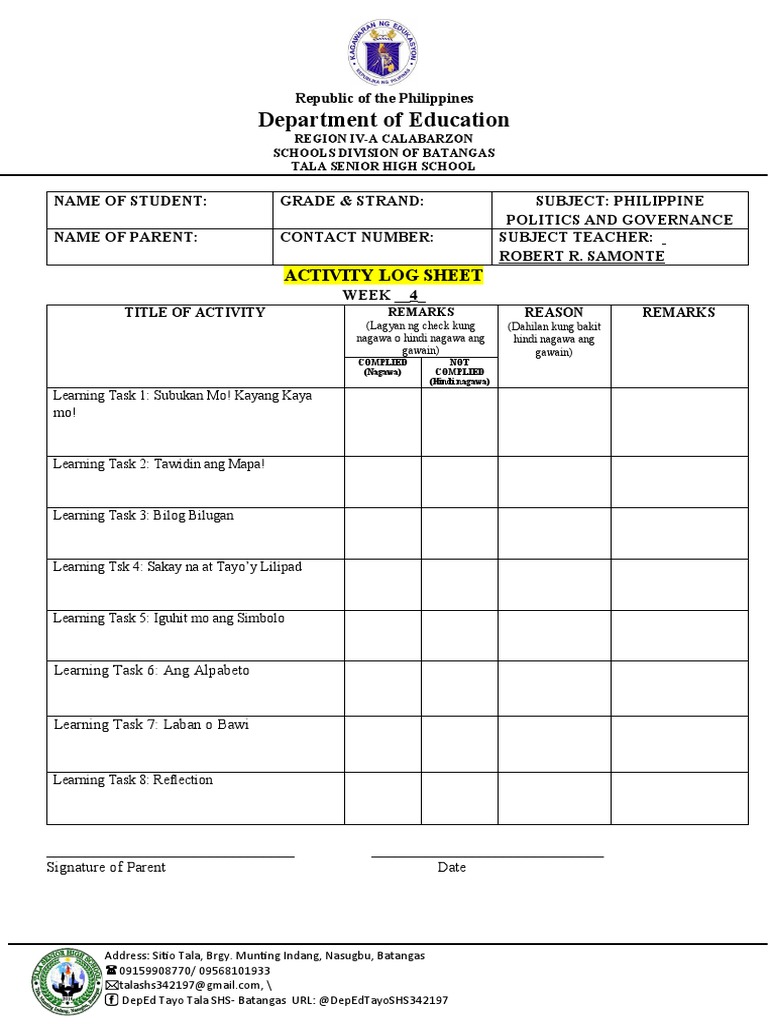 Department of Education: Activity Log Sheet | PDF