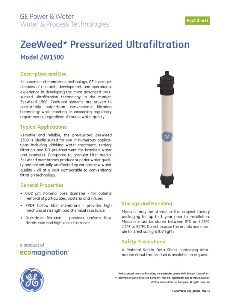 Zeeweed Pressurized Ultrafiltration: Model Zw1500 | PDF | Membrane ...