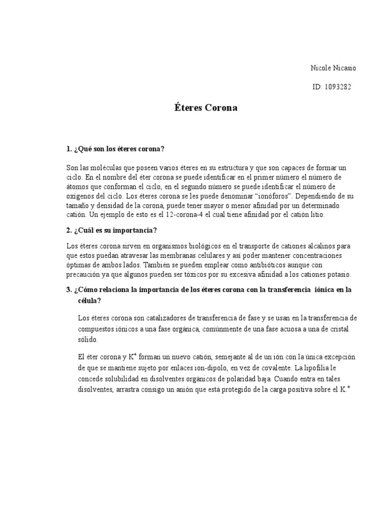 Éteres Corona: Función y Aplicaciones | PDF | Éter | Complejo de ...