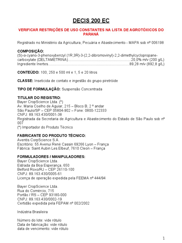 Bula Decis - 200 - SC | PDF | Embalagem e Rotulagem | Inseticida