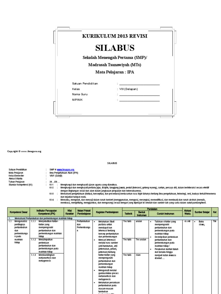 Silabus IPA Kelas 8 (11 Kolom) - Iguru31.Blogspot | PDF