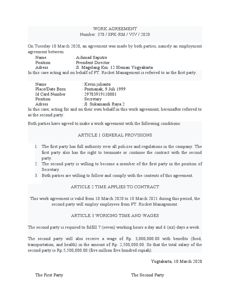 Contoh Surat Perjanjian Kerja | PDF | Finance & Money Management | Law