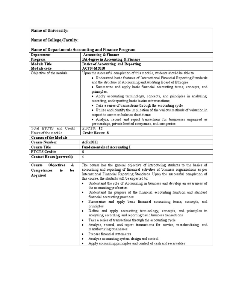 Fundamentals of Accounting-I New Course Outline | PDF | Financial ...