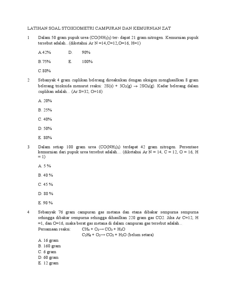 Latihan Soal Kemurnian dan Stoikiometri | PDF | Teknologi & Rekayasa