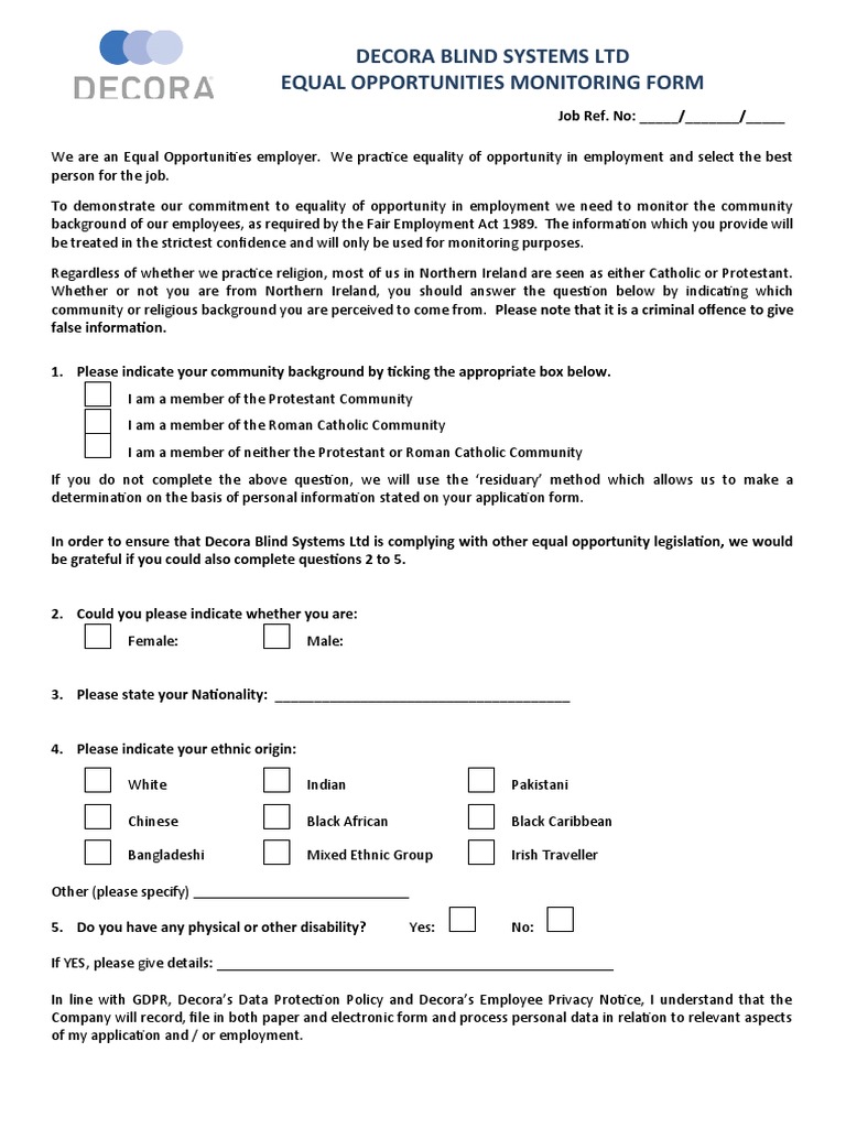Decora Blind Systems LTD Equal Opportunities Monitoring Form | PDF ...