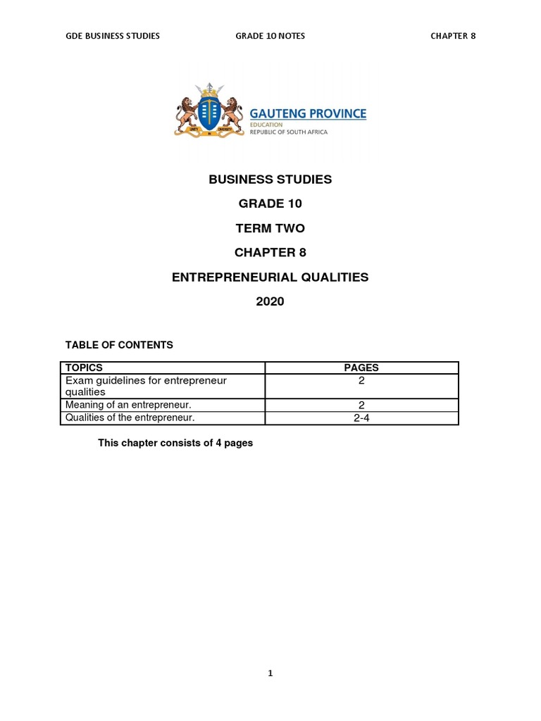 2020 Business Studies Grade 10 Notes Term 2 Chapter Eight | PDF ...