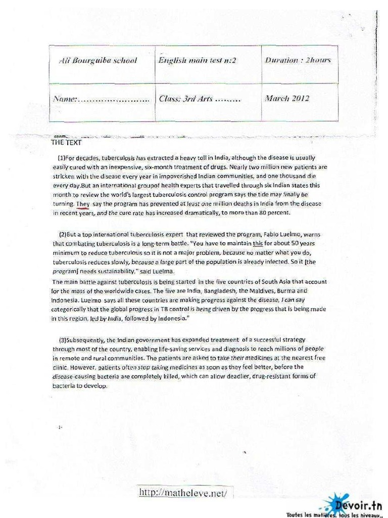 Devoir de Synthèse N°2 2011 2012 (Lycée Ali Bourguiba Bembla) | PDF ...