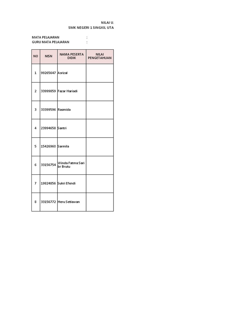 Format Nilai Ujian Sekolah | PDF