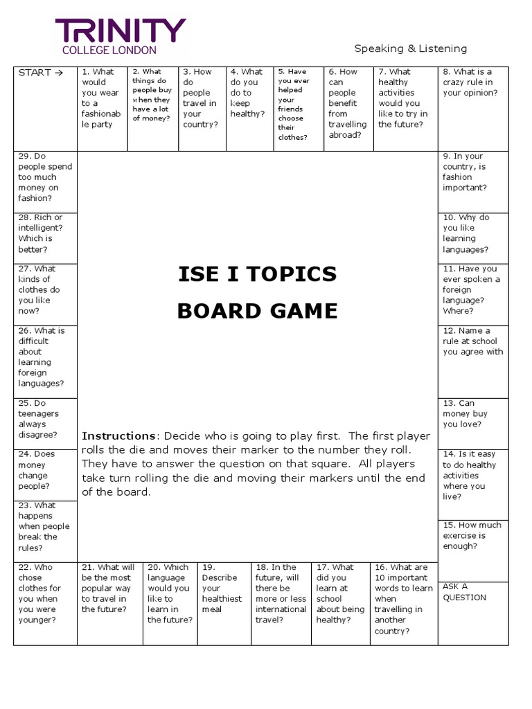 Ise I Topics Board Game: Speaking & Listening | PDF | Communication ...
