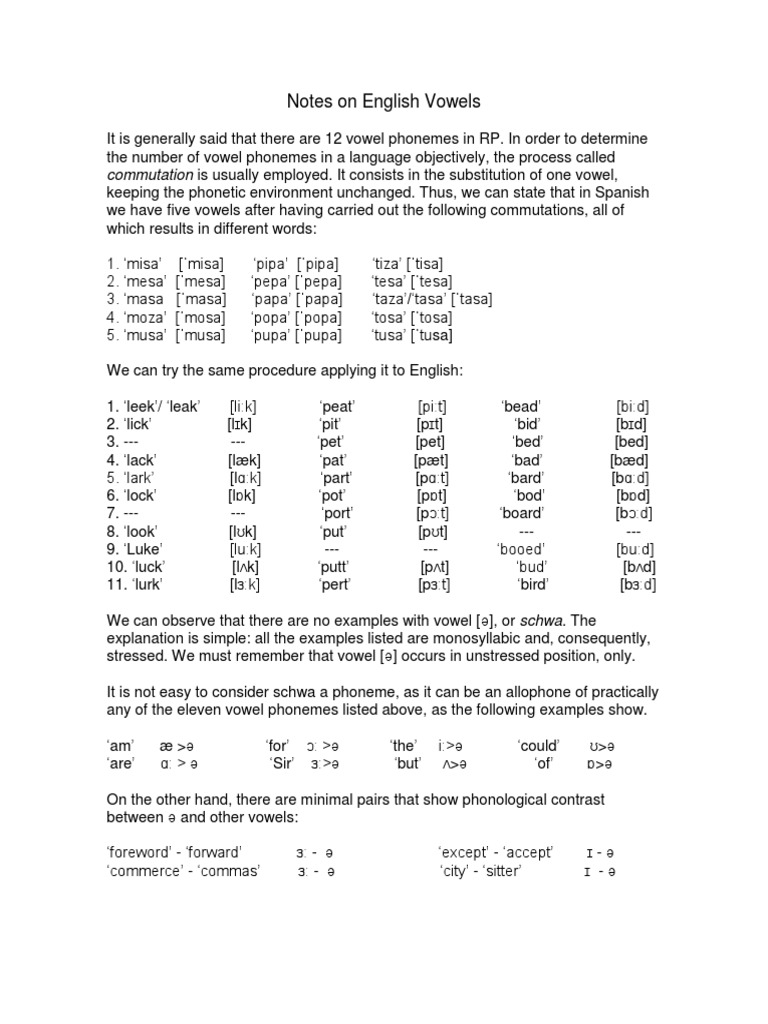 Notes On English Vowels | PDF | Vowel | Consonant