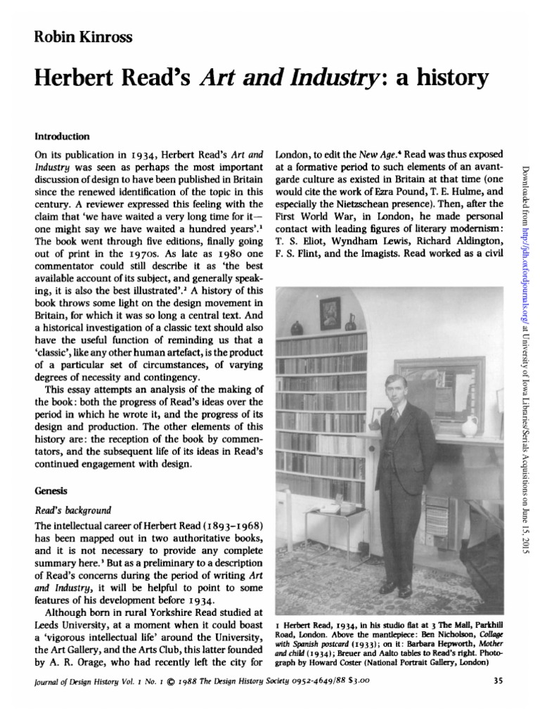 Kinross Robin 1988 Herbert Reads Art and Industry A History | PDF