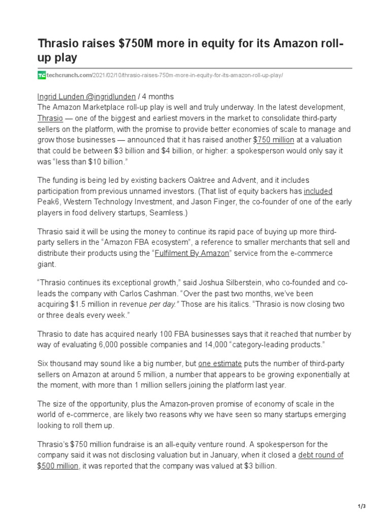 Thrasio Raises 750M More in Equity For Its Amazon Roll-Up Play | PDF